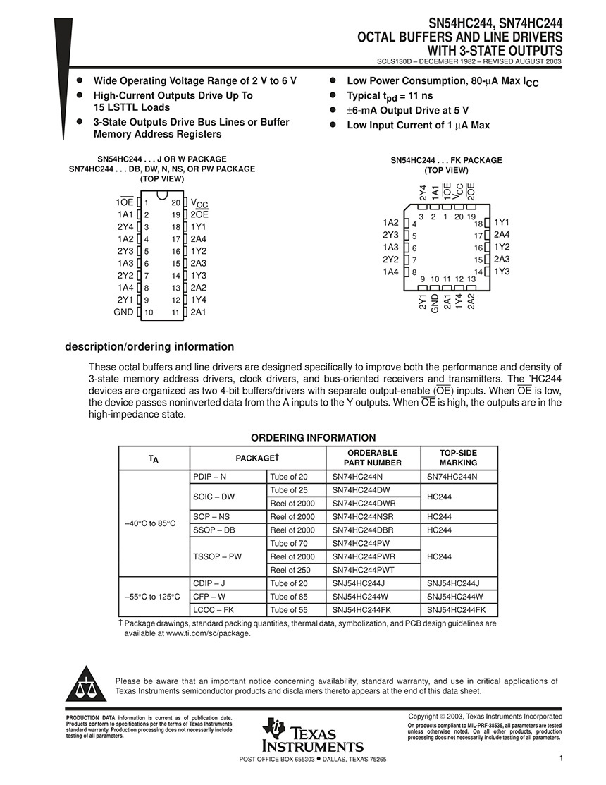 TEXAS INSTRUMENTS SN74HC244N HBM1733